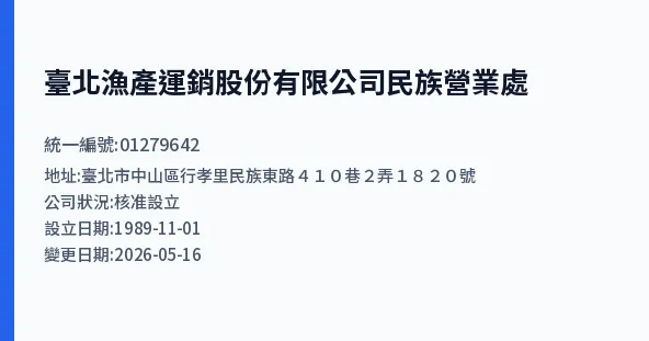 臺北漁產運銷股份有限公司民族營業處的照片-統編 01279642(臺北市) 公司登記資料與營業項目詳細圖表