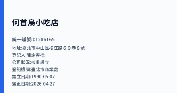 何首烏小吃店的照片-統編 01286165(臺北市) 公司登記資料與營業項目詳細圖表