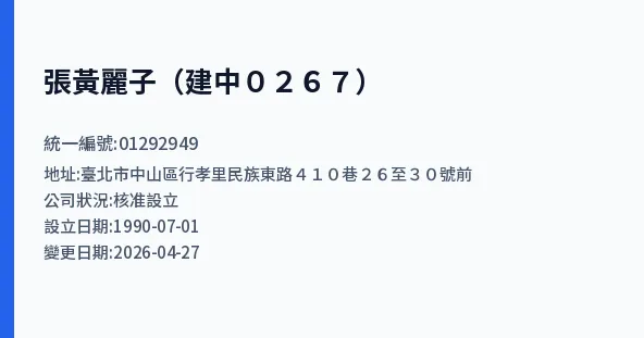張黃麗子(建中0267)的照片-統編 01292949(臺北市) 公司登記資料與營業項目詳細圖表
