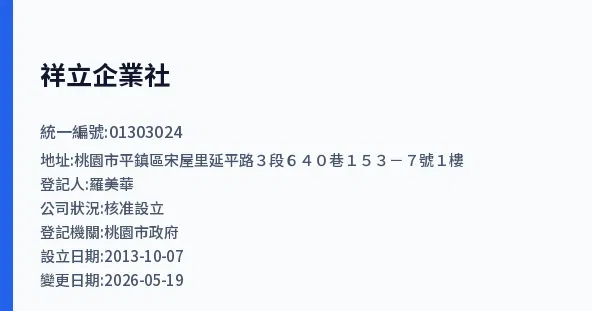 祥立企業社的照片-統編 01303024(桃園市) 公司登記資料與營業項目詳細圖表