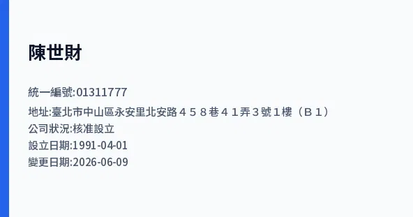 陳世財的照片-統編 01311777(臺北市) 公司登記資料與營業項目詳細圖表