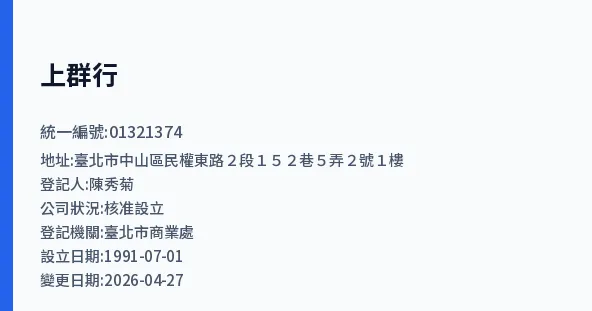 上群行的照片-統編 01321374(臺北市) 公司登記資料與營業項目詳細圖表