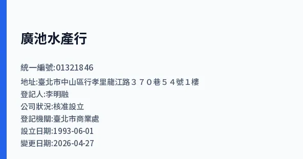 廣池水產行的照片-統編 01321846(臺北市) 公司登記資料與營業項目詳細圖表