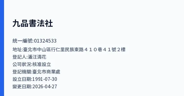 九品書法社的照片-統編 01324533(臺北市) 公司登記資料與營業項目詳細圖表