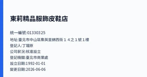 東莉精品服飾皮鞋店的照片-統編 01330325(臺北市) 公司登記資料與營業項目詳細圖表