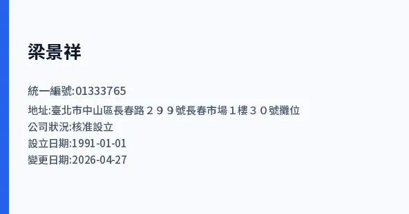 梁景祥的照片-統編 01333765(臺北市) 公司登記資料與營業項目詳細圖表
