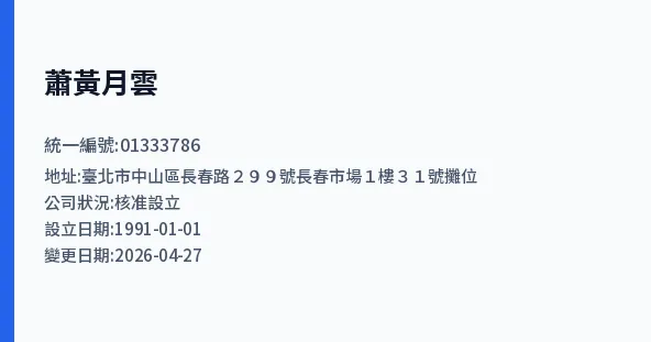 蕭黃月雲的照片-統編 01333786(臺北市) 公司登記資料與營業項目詳細圖表