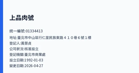 上品肉號的照片-統編 01334413(臺北市) 公司登記資料與營業項目詳細圖表