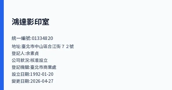 鴻達影印室的照片-統編 01334820(臺北市) 公司登記資料與營業項目詳細圖表