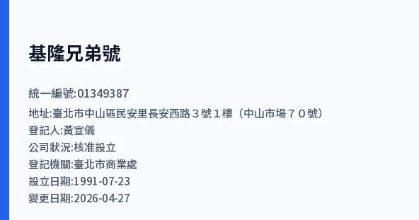 基隆兄弟號的照片-統編 01349387(臺北市) 公司登記資料與營業項目詳細圖表