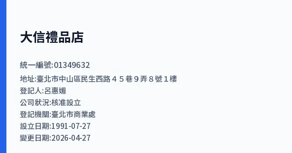 大信禮品店的照片-統編 01349632(臺北市) 公司登記資料與營業項目詳細圖表