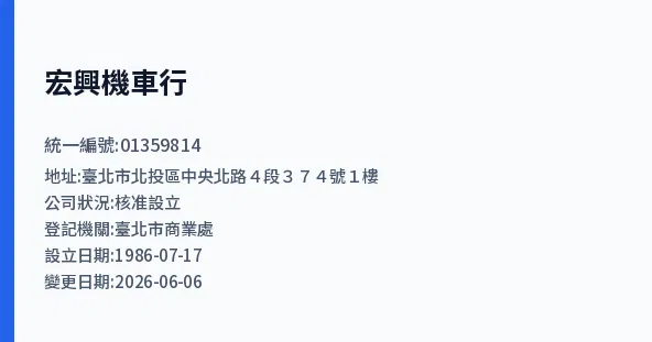 宏興機車行的照片-統編 01359814(臺北市) 公司登記資料與營業項目詳細圖表