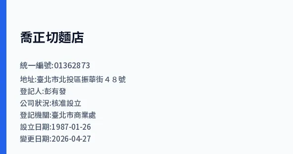 喬正切麵店的照片-統編 01362873(臺北市) 公司登記資料與營業項目詳細圖表
