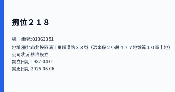 攤位218的照片-統編 01363351(臺北市) 公司登記資料與營業項目詳細圖表