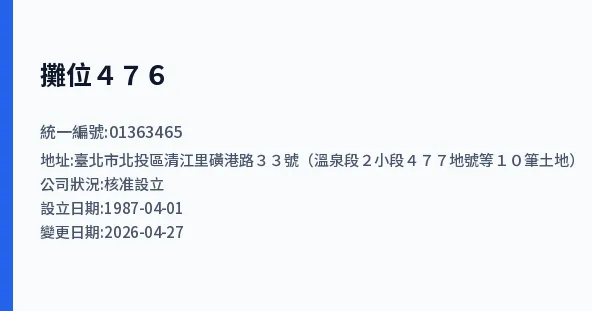 攤位476的照片-統編 01363465(臺北市) 公司登記資料與營業項目詳細圖表