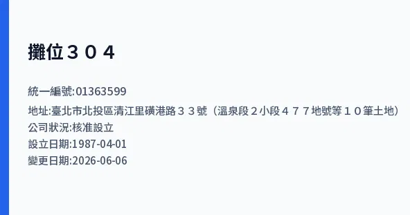 攤位304的照片-統編 01363599(臺北市) 公司登記資料與營業項目詳細圖表