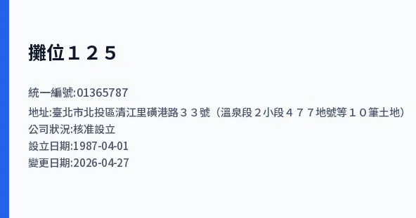 攤位125的照片-統編 01365787(臺北市) 公司登記資料與營業項目詳細圖表