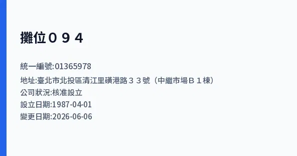 攤位094的照片-統編 01365978(臺北市) 公司登記資料與營業項目詳細圖表
