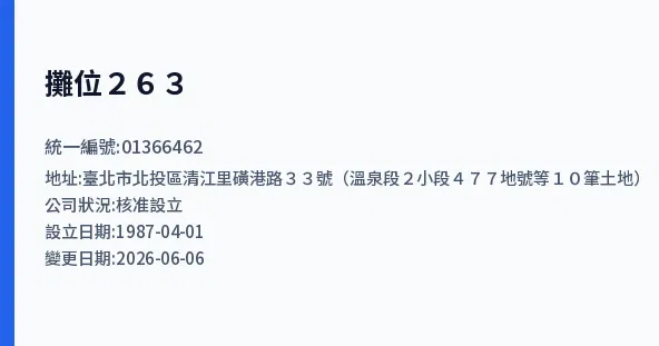 攤位263的照片-統編 01366462(臺北市) 公司登記資料與營業項目詳細圖表