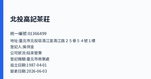 北投高記茶莊的照片-統編 01366499(臺北市) 公司登記資料與營業項目詳細圖表