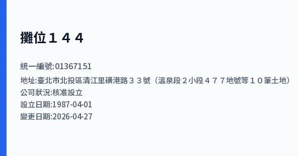 攤位144的照片-統編 01367151(臺北市) 公司登記資料與營業項目詳細圖表