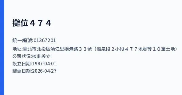 攤位474的照片-統編 01367201(臺北市) 公司登記資料與營業項目詳細圖表