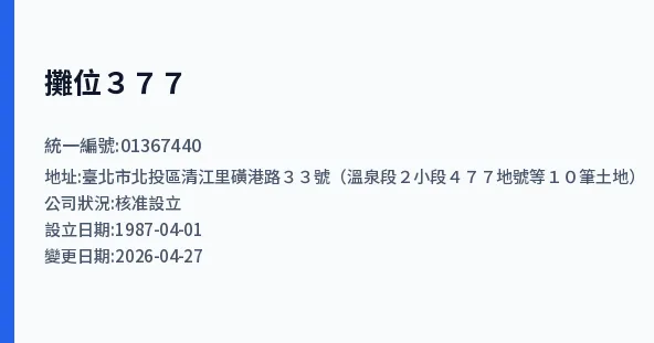 攤位377的照片-統編 01367440(臺北市) 公司登記資料與營業項目詳細圖表