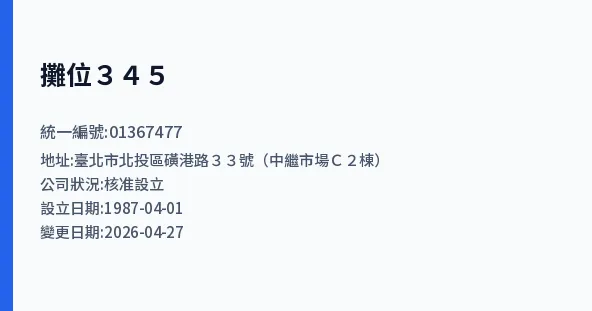 攤位345的照片-統編 01367477(臺北市) 公司登記資料與營業項目詳細圖表