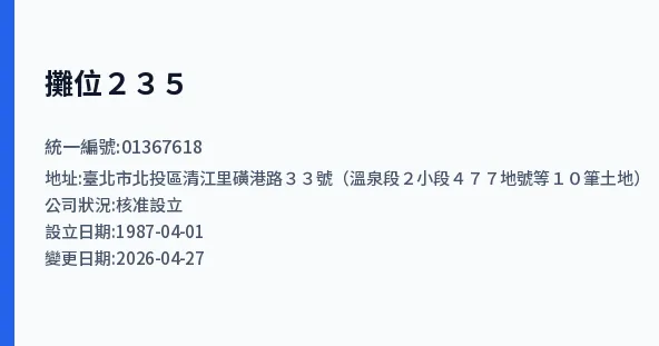 攤位235的照片-統編 01367618(臺北市) 公司登記資料與營業項目詳細圖表