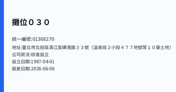 攤位030的照片-統編 01368270(臺北市) 公司登記資料與營業項目詳細圖表
