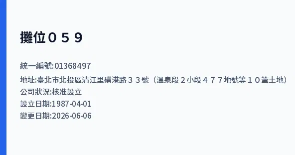 攤位059的照片-統編 01368497(臺北市) 公司登記資料與營業項目詳細圖表