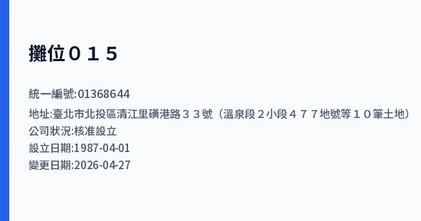 攤位015的照片-統編 01368644(臺北市) 公司登記資料與營業項目詳細圖表