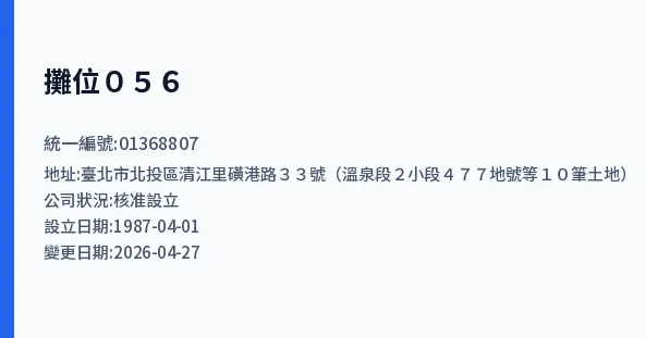 攤位056的照片-統編 01368807(臺北市) 公司登記資料與營業項目詳細圖表