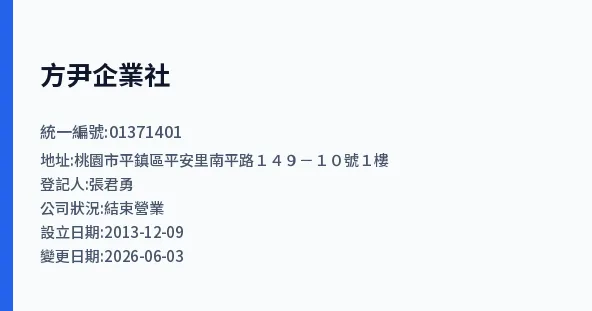 方尹企業社的照片-統編 01371401(桃園市) 公司登記資料與營業項目詳細圖表