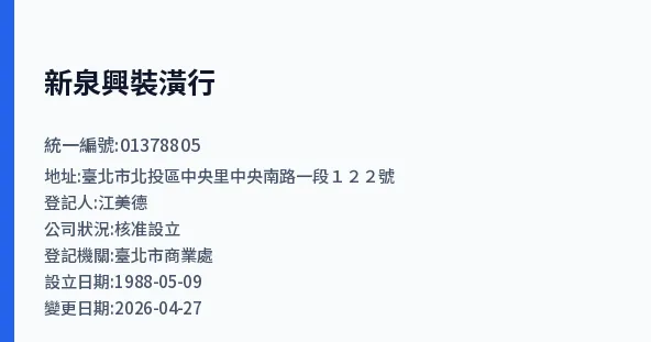 新泉興裝潢行的照片-統編 01378805(臺北市) 公司登記資料與營業項目詳細圖表