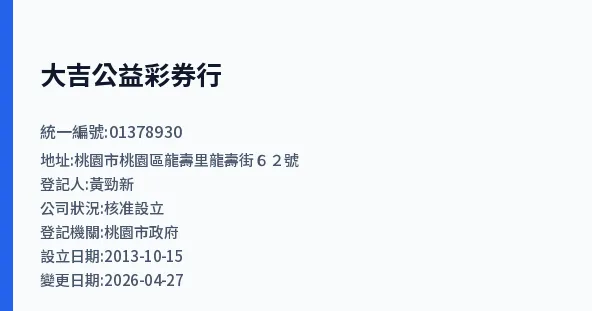 大吉公益彩券行的照片-統編 01378930(桃園市) 公司登記資料與營業項目詳細圖表