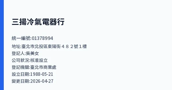 三揚冷氣電器行的照片-統編 01378994(臺北市) 公司登記資料與營業項目詳細圖表