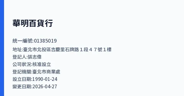 華明百貨行的照片-統編 01385019(臺北市) 公司登記資料與營業項目詳細圖表