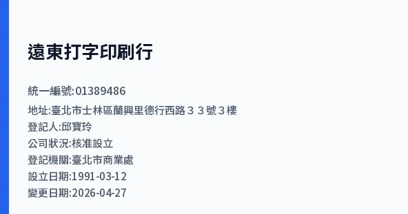 遠東打字印刷行的照片-統編 01389486(臺北市) 公司登記資料與營業項目詳細圖表