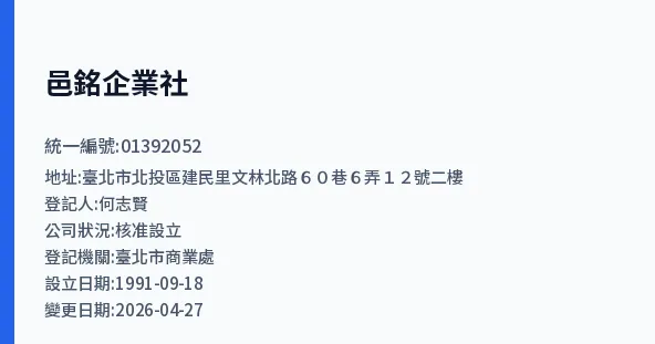 邑銘企業社的照片-統編 01392052(臺北市) 公司登記資料與營業項目詳細圖表