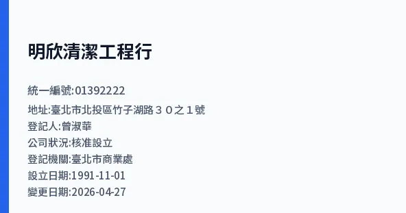 明欣清潔工程行的照片-統編 01392222(臺北市) 公司登記資料與營業項目詳細圖表