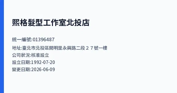 熙格髮型工作室北投店的照片-統編 01396487(臺北市) 公司登記資料與營業項目詳細圖表