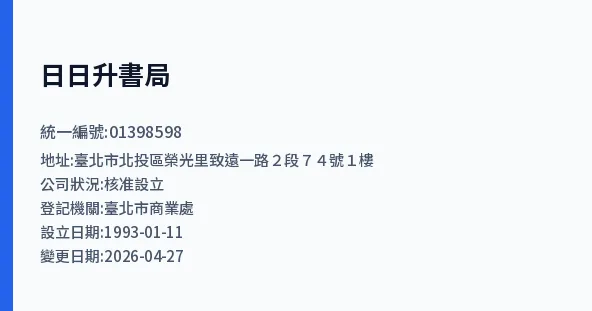 日日升書局的照片-統編 01398598(臺北市) 公司登記資料與營業項目詳細圖表