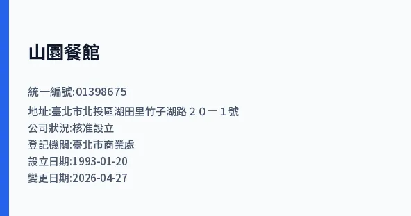 山園餐館的照片-統編 01398675(臺北市) 公司登記資料與營業項目詳細圖表