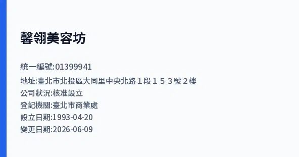 馨翎美容坊的照片-統編 01399941(臺北市) 公司登記資料與營業項目詳細圖表