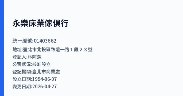 永樂床業傢俱行的照片-統編 01403662(臺北市) 公司登記資料與營業項目詳細圖表