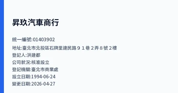 昇玖汽車商行的照片-統編 01403902(臺北市) 公司登記資料與營業項目詳細圖表