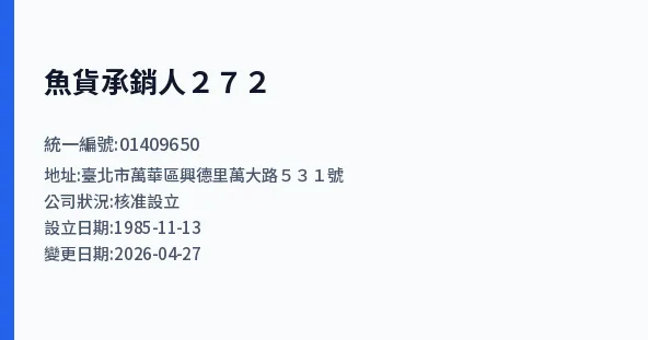魚貨承銷人272的照片-統編 01409650(臺北市) 公司登記資料與營業項目詳細圖表