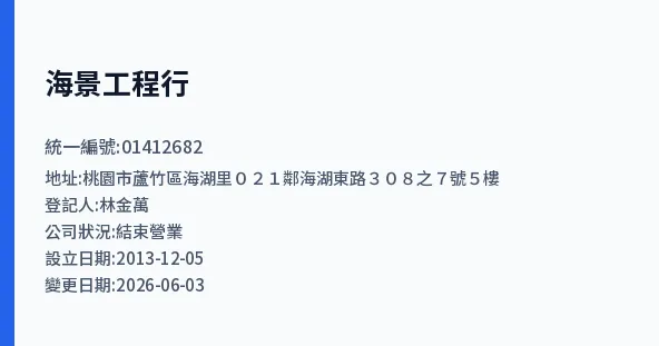 海景工程行的照片-統編 01412682(桃園市) 公司登記資料與營業項目詳細圖表