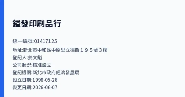 鎰發印刷品行的照片-統編 01417125(新北市) 公司登記資料與營業項目詳細圖表